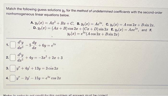 Solved Match the following guess solutions yp for the method | Chegg.com