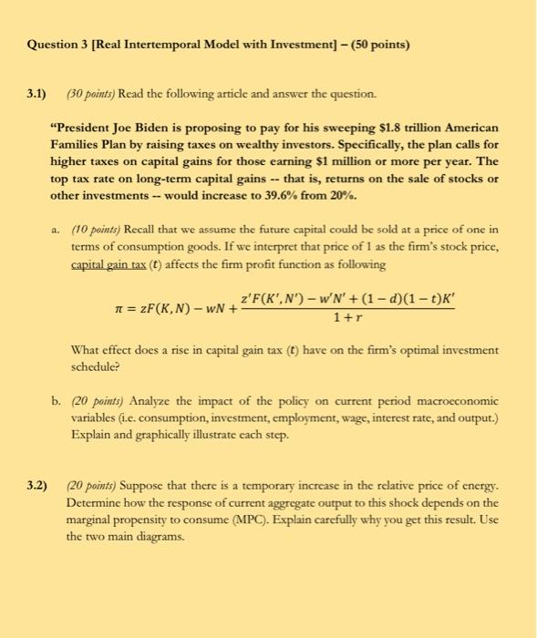 Question 3 [Real Intertemporal Model with Investment] | Chegg.com