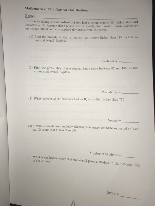 Solved Mathematics 105- Normal Distributions Name: Students | Chegg.com