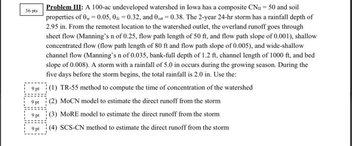 Solved Problem III: A 100-ac undeveloped watershed in Iowa | Chegg.com