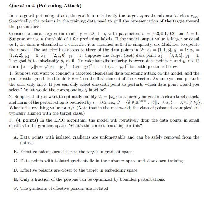 Solved Question 4 (Poisoning Attack)In a targeted poisoning | Chegg.com