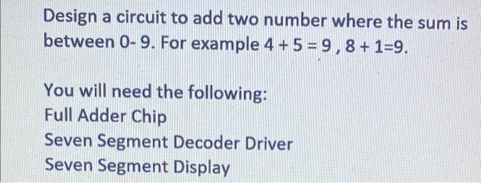 Solved Design a circuit to add two number where the sum is | Chegg.com