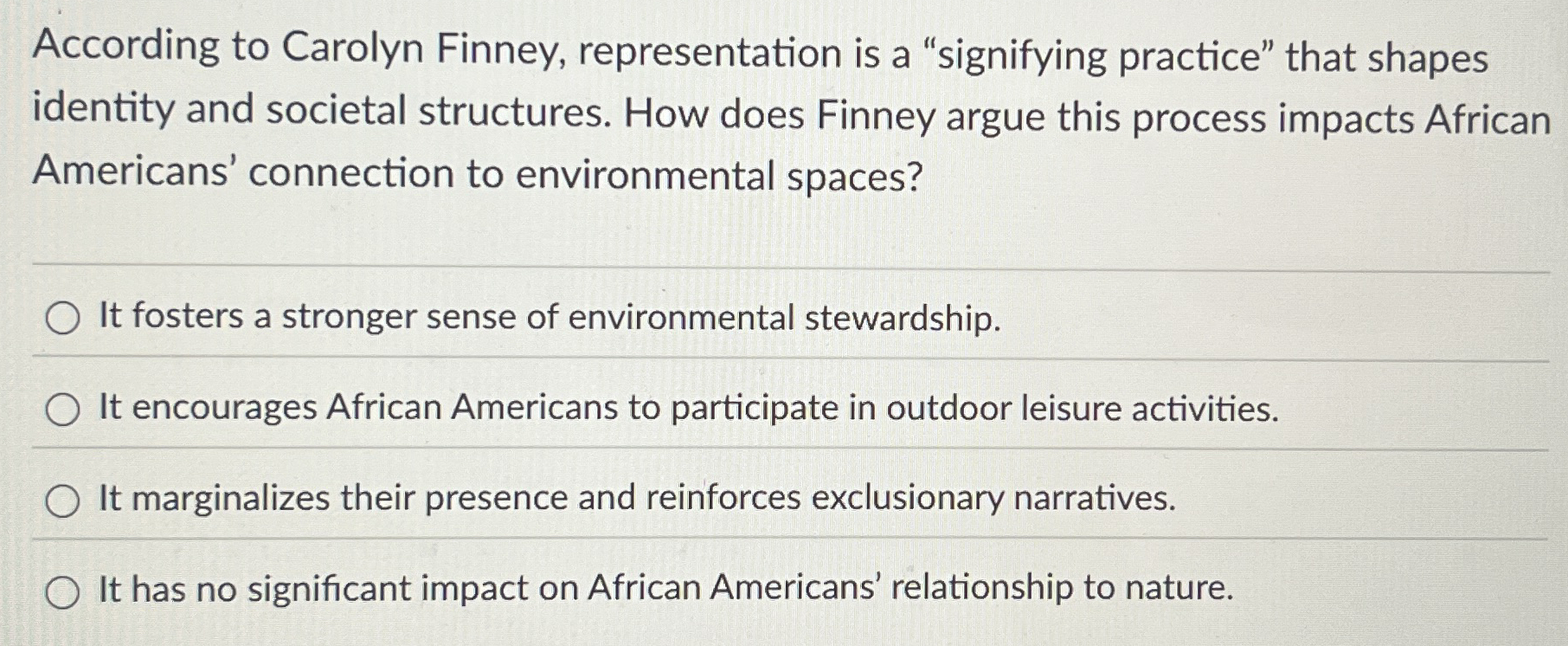 Solved According to Carolyn Finney, representation is a | Chegg.com