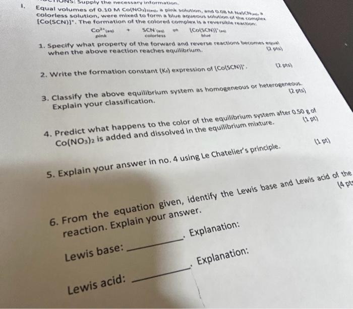 Solved Equal volumes of 0.10M Co(NOn) colorless solution, | Chegg.com