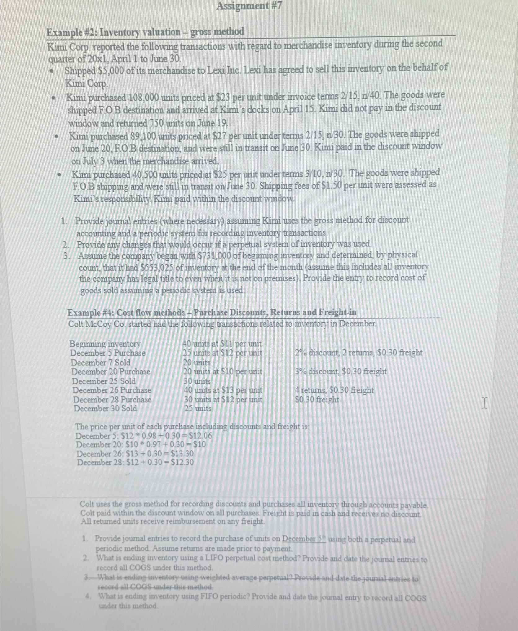 Solved Assignment #7Example A2: Inventory valuation - ﻿gross | Chegg.com