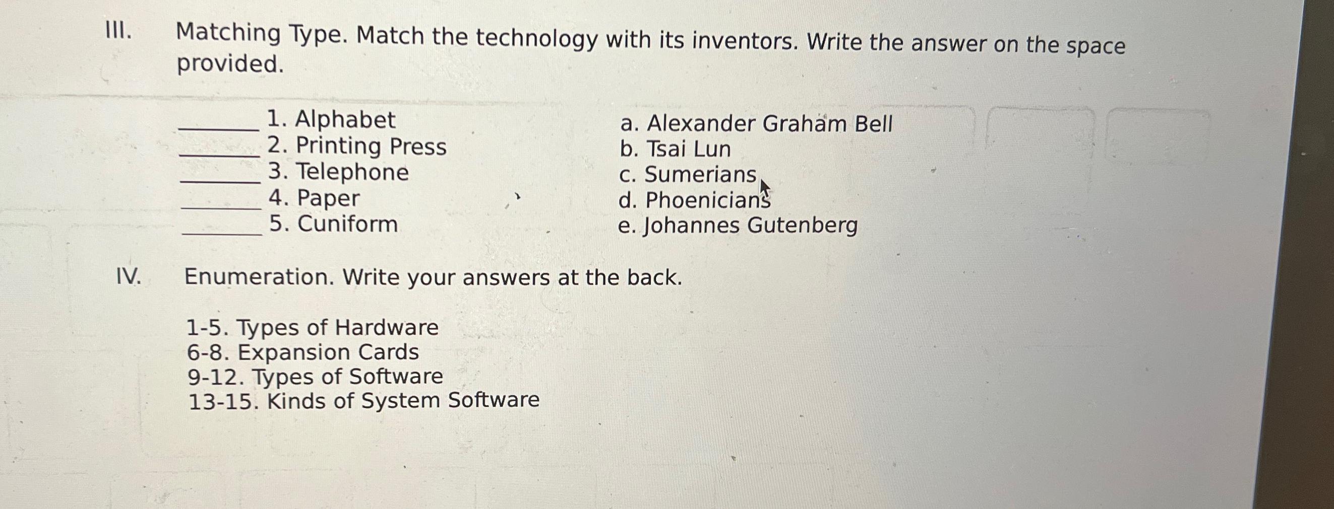 Solved III. Matching Type. Match the technology with its | Chegg.com