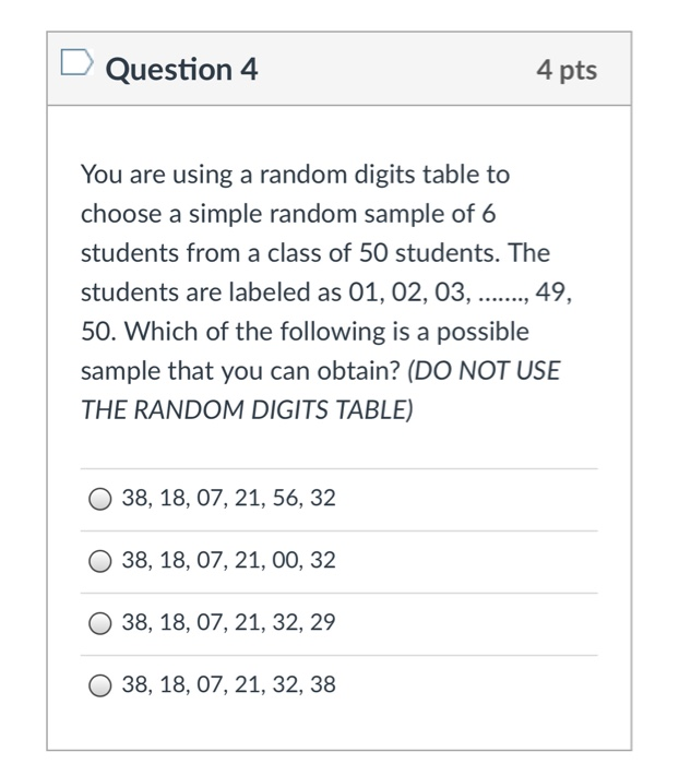 Solved Question 4 4 pts You are using a random digits table | Chegg.com