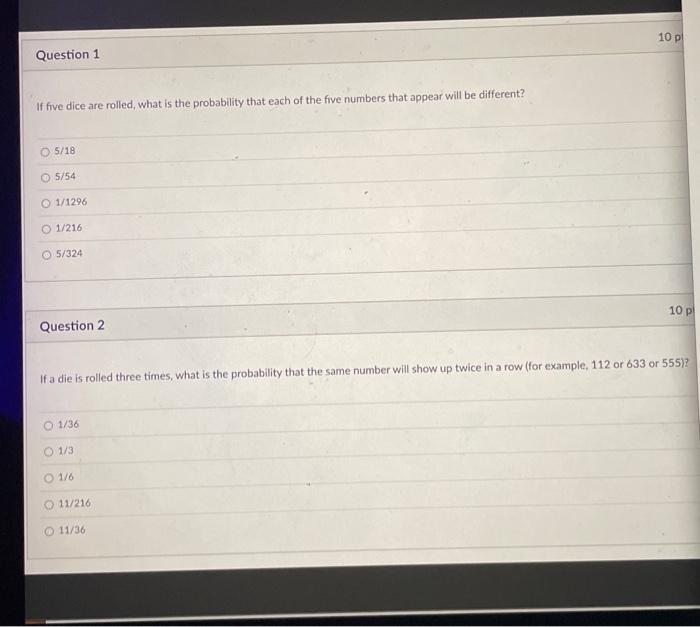 Solved If five dice are rolled, what is the probability that | Chegg.com