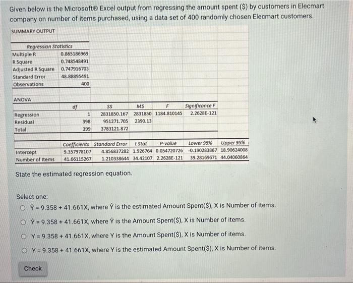 Solved Given below is the Microsoft Excel output from | Chegg.com