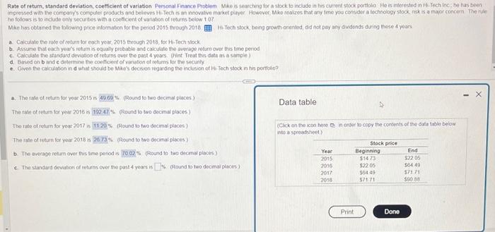 Solved Rate of return, standard deviation, coefficient of | Chegg.com