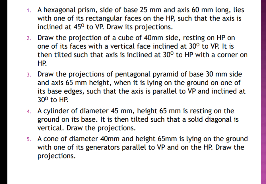 Solved 2. A hexagonal prism, side of base 25 mm and axis 60 | Chegg.com