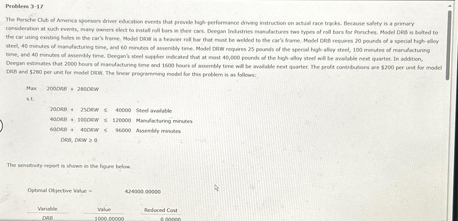 Solved Problem 3-17 ﻿DRB and $280 ﻿per unit for model DRW. | Chegg.com