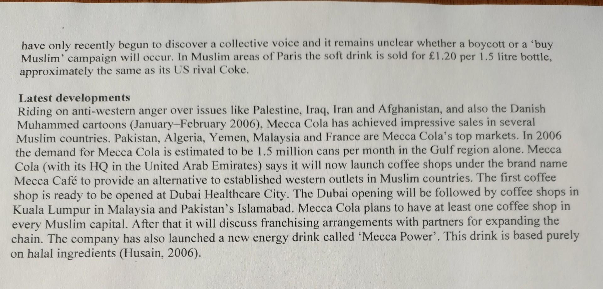 Solved Mecca Cola: Marketing of a 'Muslim' cola to the | Chegg.com