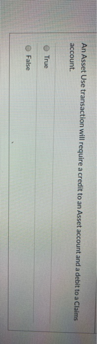Solved An Asset Use transaction will require a credit to an | Chegg.com