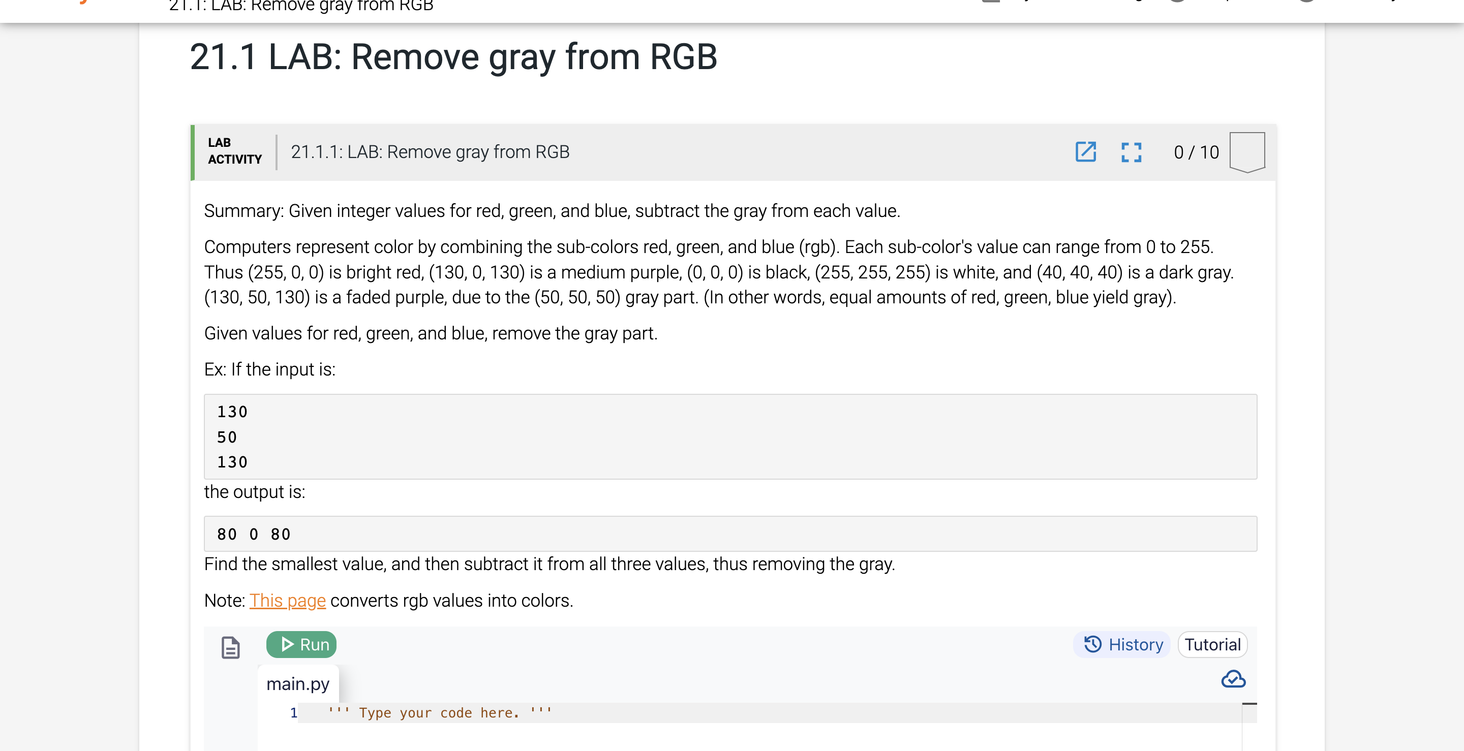 Solved 21.1 ﻿LAB: Remove gray from RGBSummary: Given integer | Chegg.com