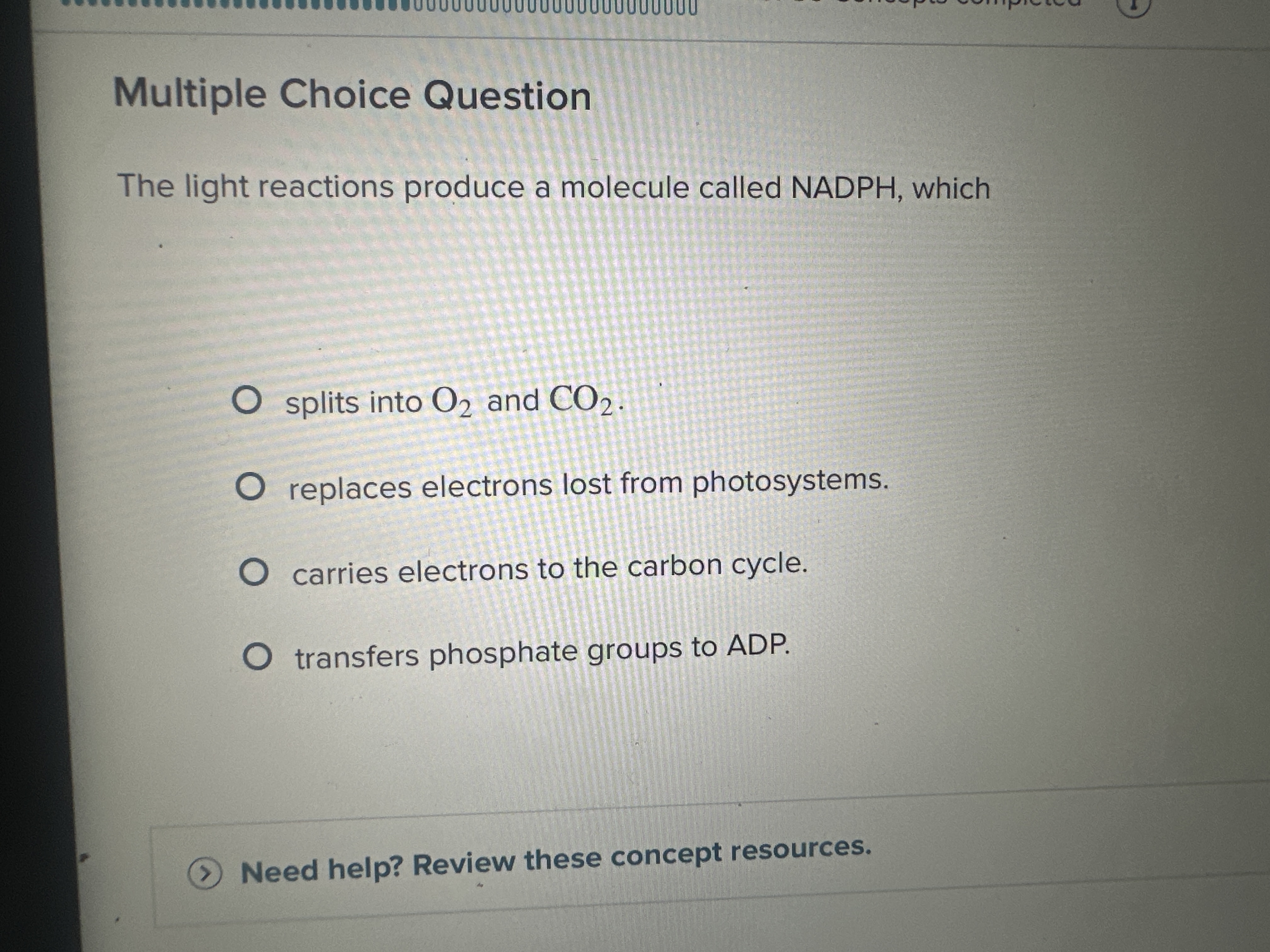 Solved Multiple Choice QuestionThe light reactions produce a | Chegg.com