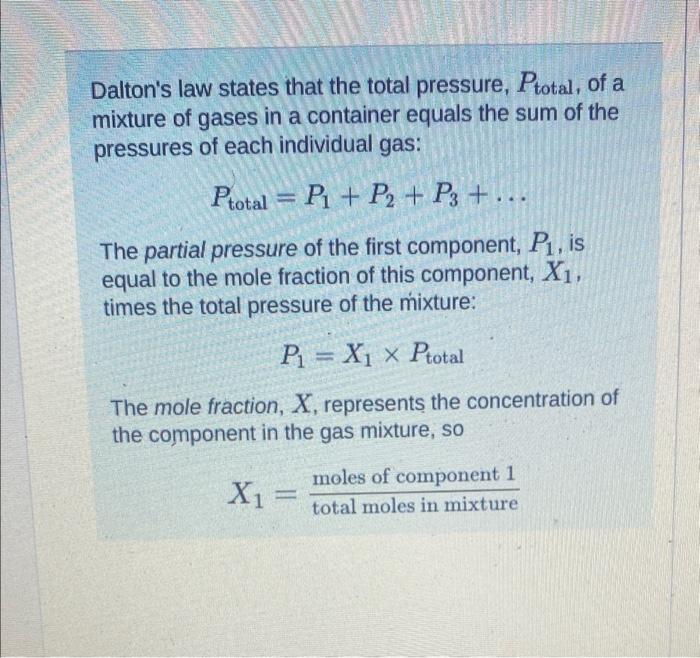 Solved Dalton's law states that the total pressure, Ptotal, | Chegg.com