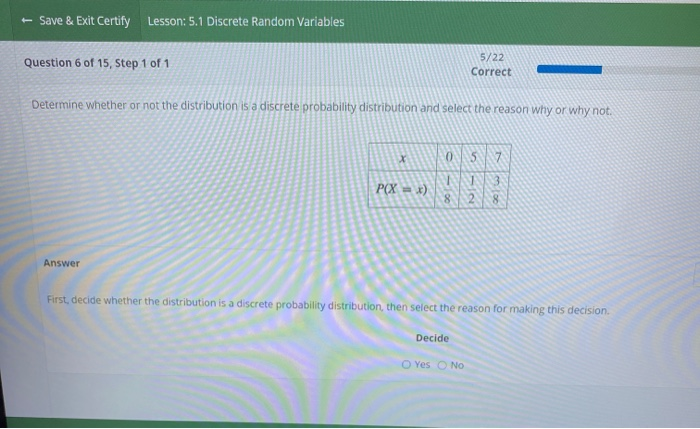 Solved Save & Exit Certify Lesson: 5.1 Discrete Random | Chegg.com