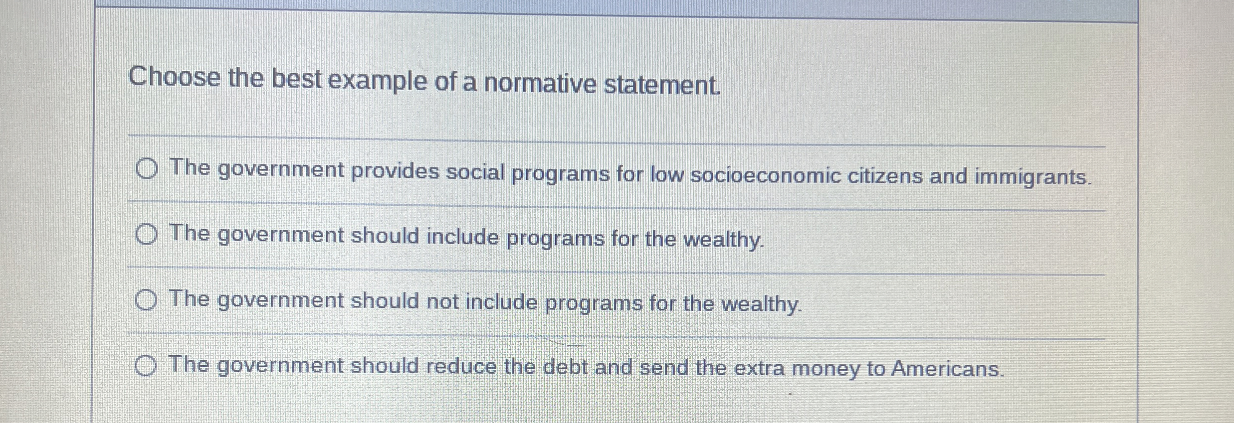 Solved Choose the best example of a normative statement.The | Chegg.com