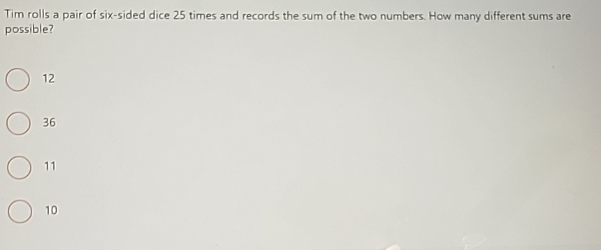 Solved Tim rolls a pair of six-sided dice 25 ﻿times and | Chegg.com