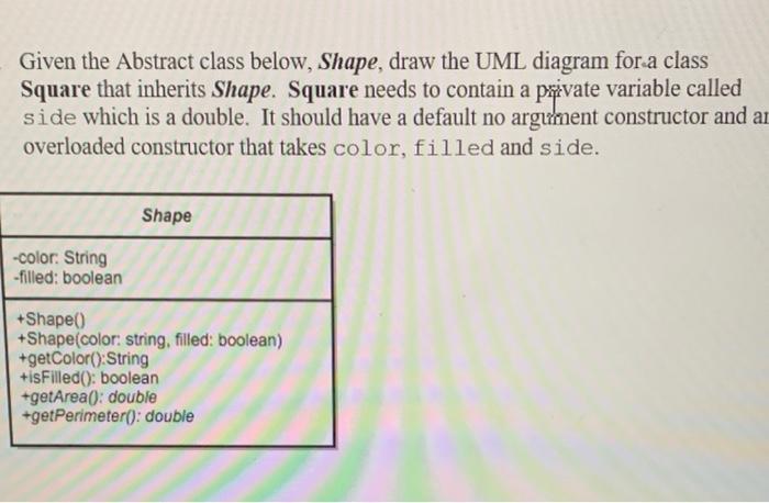 Solved Given the Abstract class below, Shape, draw the UML | Chegg.com