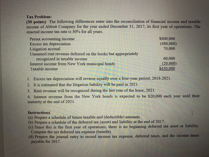 Solved Tax Problem: (30 points) The following differences | Chegg.com