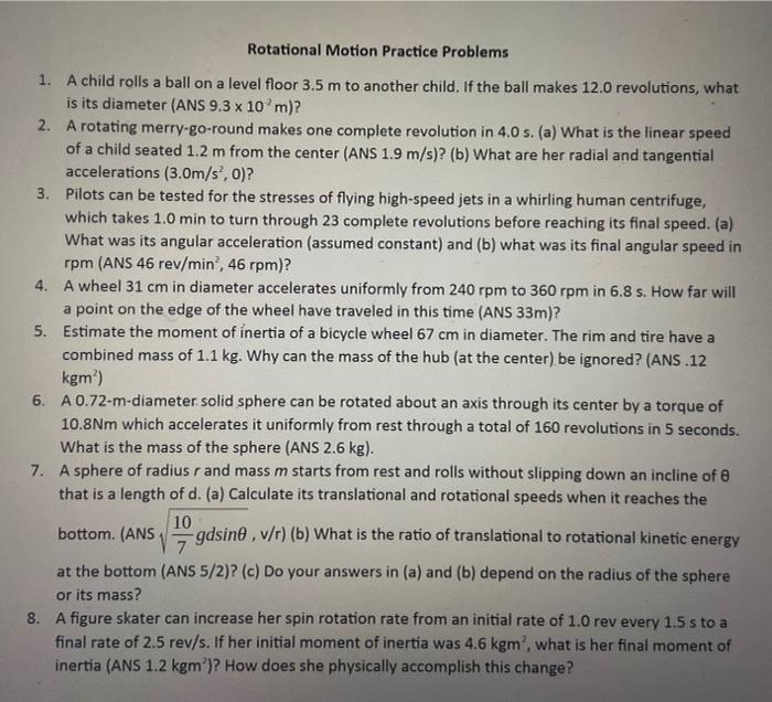 Solved Rotational Motion Practice Problems 1. A child rolls | Chegg.com