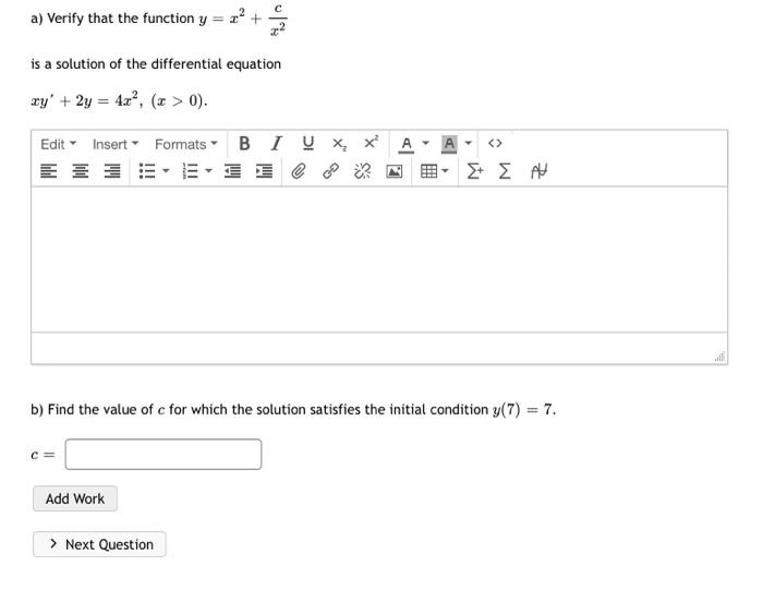 Solved a) Verify that the function y=x2+x2c is a solution of | Chegg.com