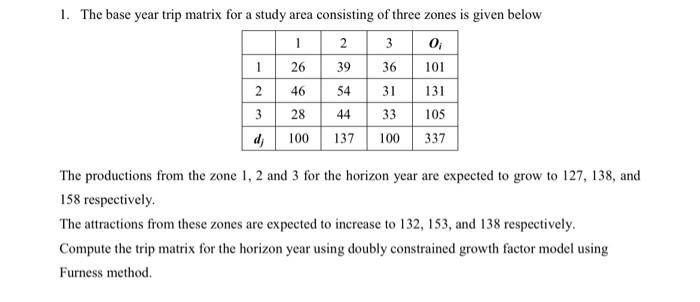 Solved 1. The base year trip matrix for a study area | Chegg.com
