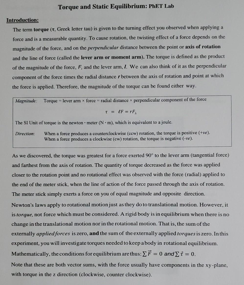Solved Torque and Static Equilibrium: PhET Lab Introduction: | Chegg.com