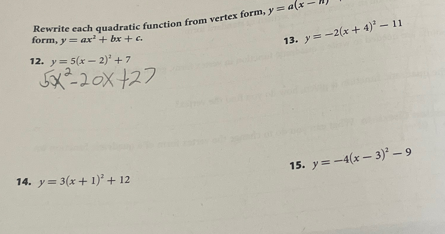 Solved Rewrite each quadratic function from vertex form, | Chegg.com