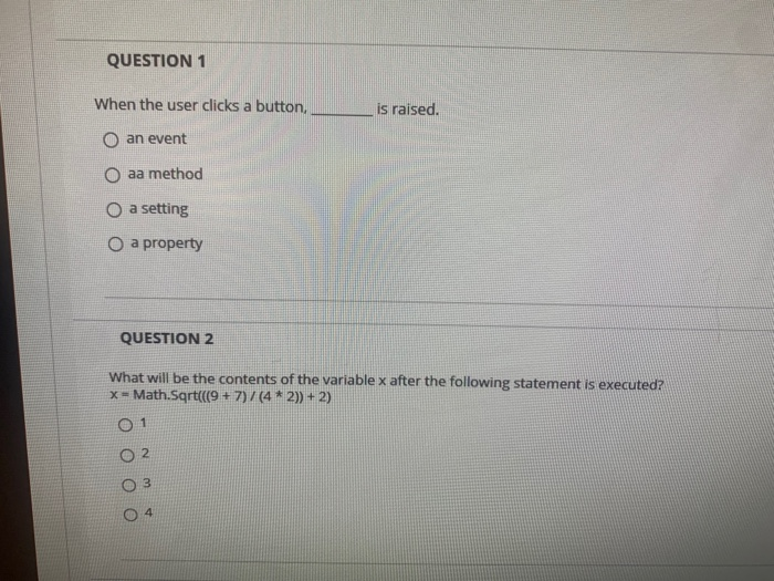 Solved QUESTION 1 When the user clicks a button, is raised. | Chegg.com