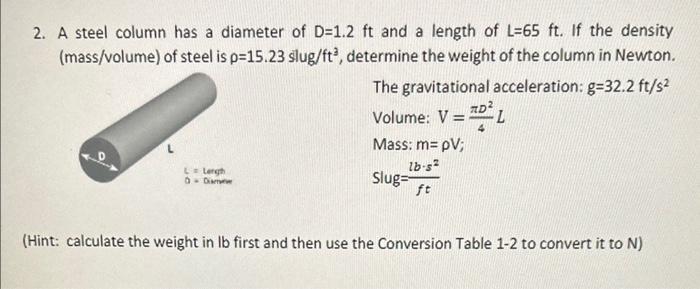 Solved 2. A steel column has a diameter of D=1.2ft and a | Chegg.com