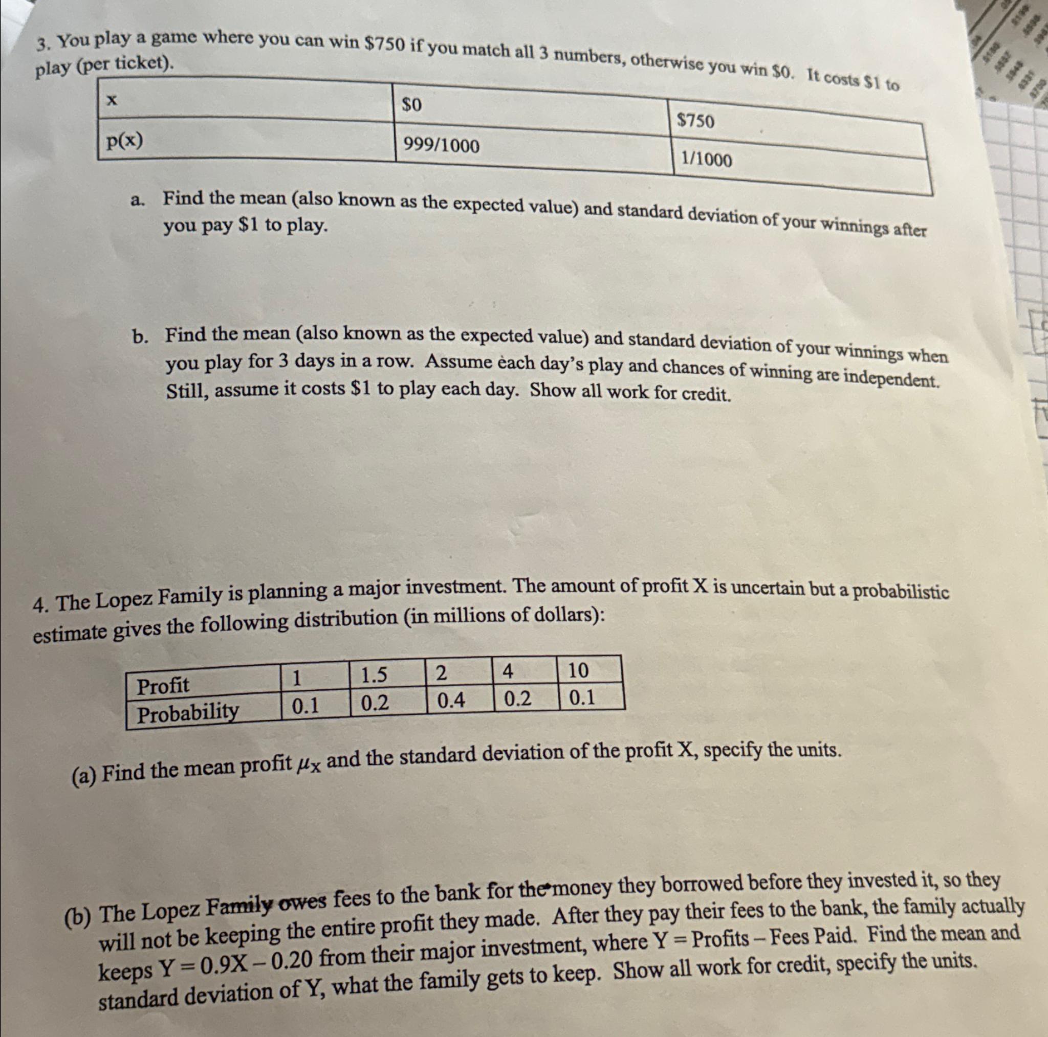 Solved You play a game where you can win $750 ﻿if you match | Chegg.com