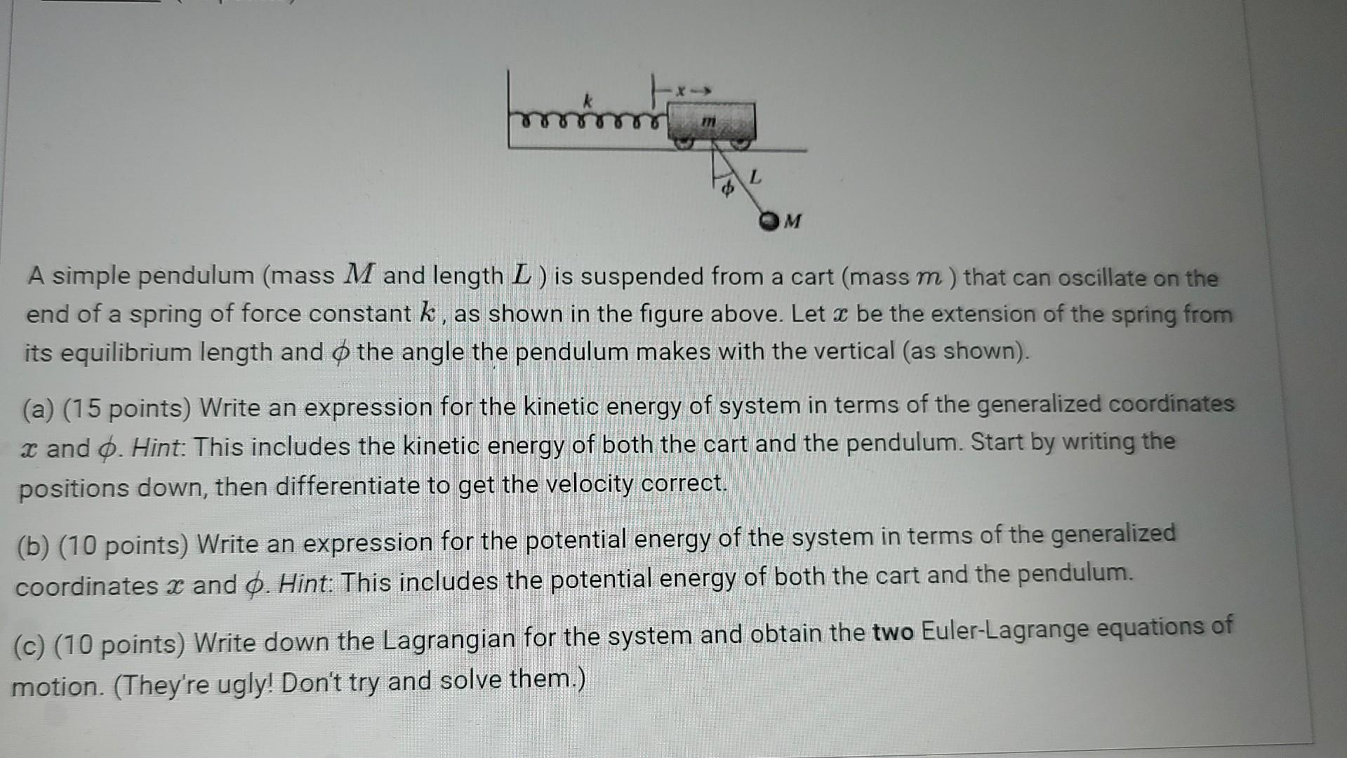 Solved A simple pendulum (mass M and length L ) is suspended | Chegg.com