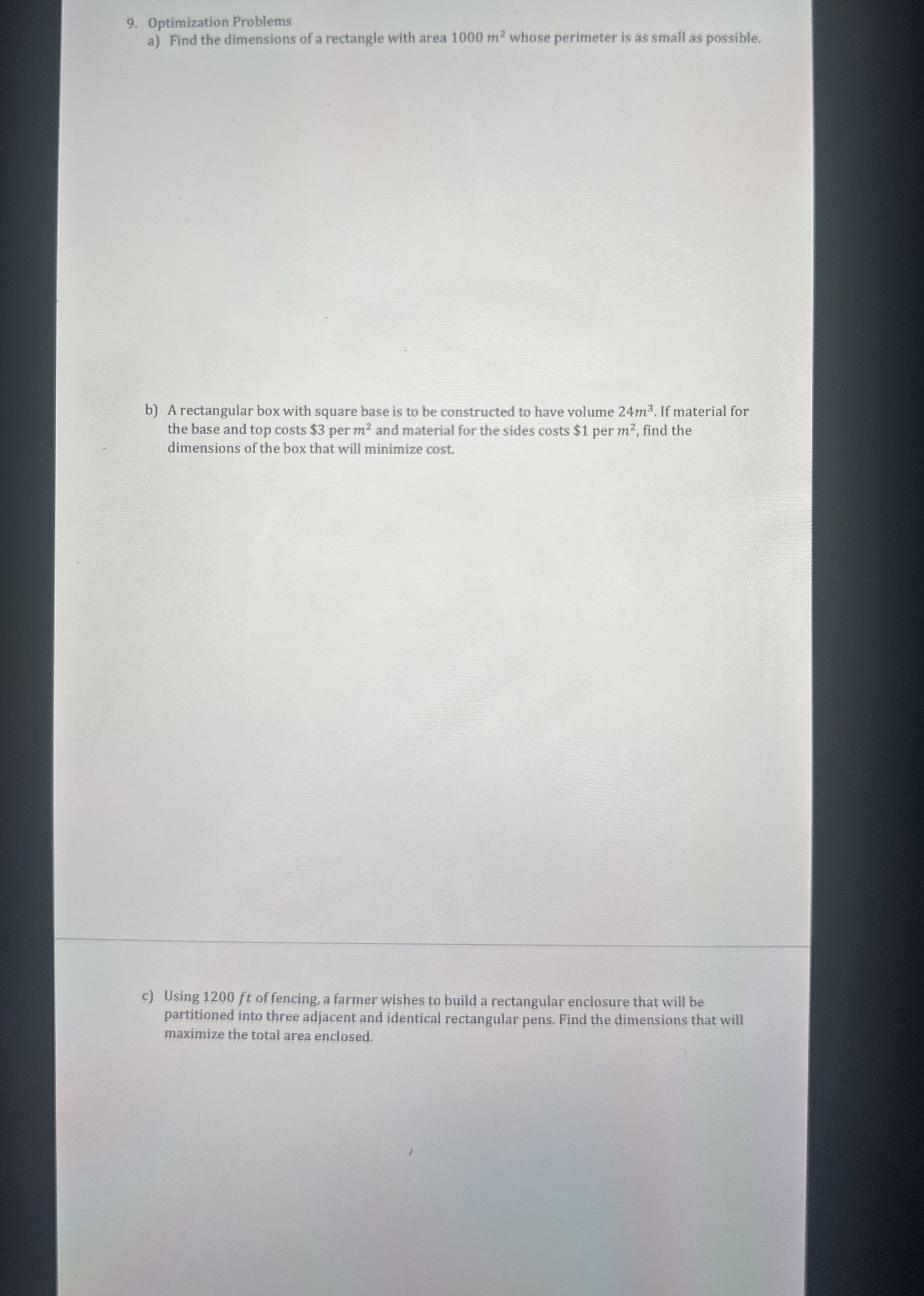 Solved Optimization Problemsa) ﻿Find the dimensions of a | Chegg.com