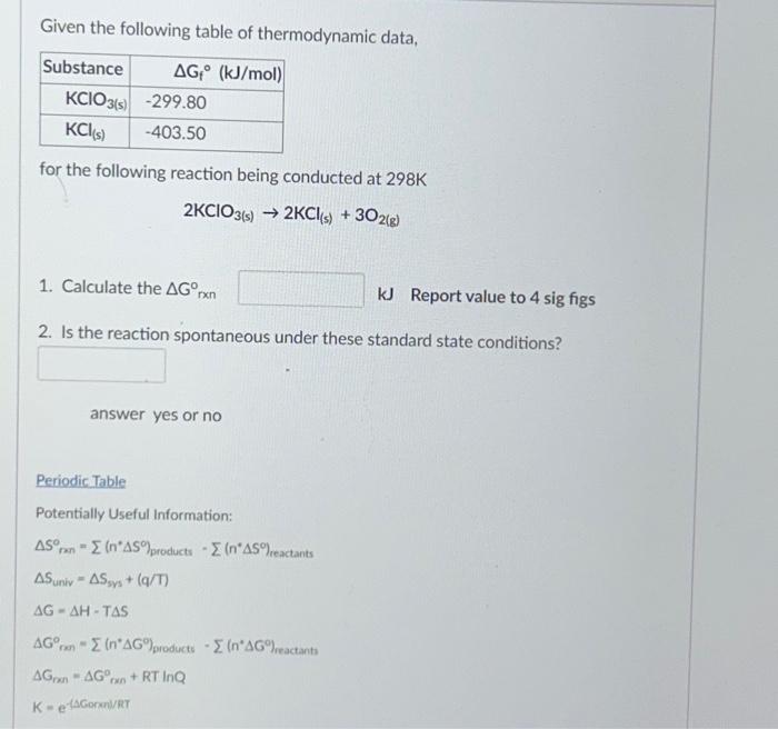 Solved Given the following table of thermodynamic data, for | Chegg.com