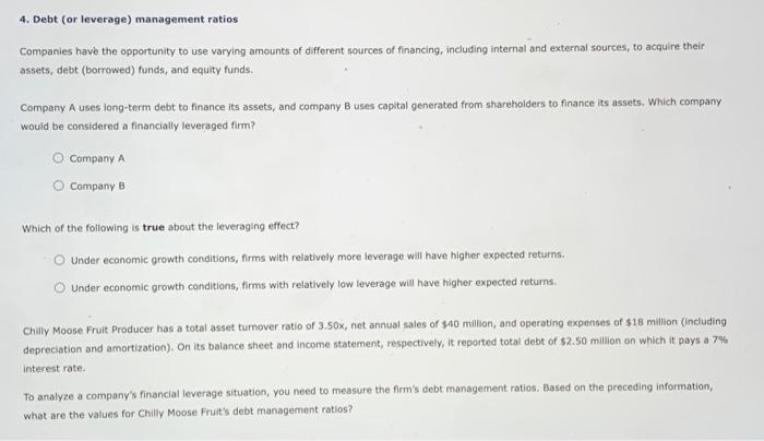 Solved 4. Debt (or leverage) management ratios Companies | Chegg.com