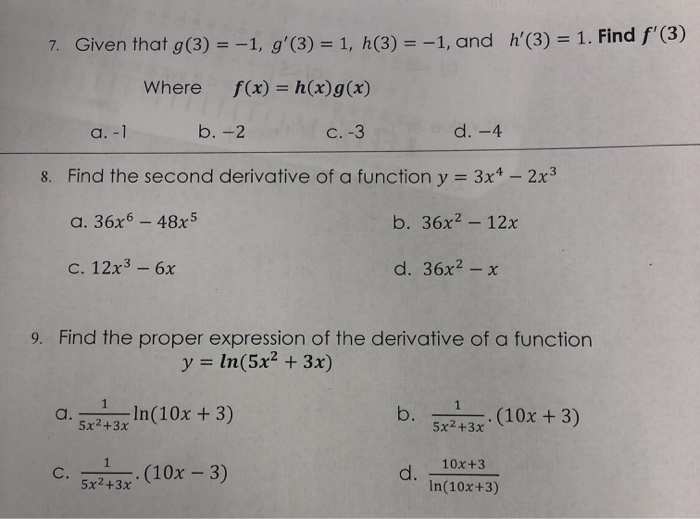 Solved 7. Given that g(3) = -1, g'(3) = 1, h(3) = -1, and | Chegg.com