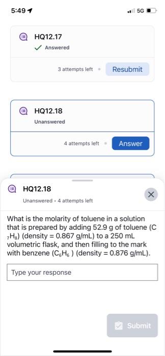 Solved What is the molarity of toluene in a solution that is | Chegg.com