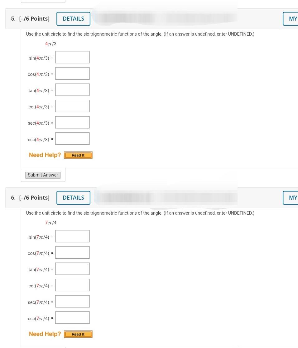 Solved Use the unit circle to find the six trigonometric | Chegg.com
