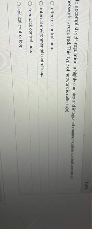 Solved 1 ﻿ptsTo accomplish self-regulation, a highly complex | Chegg.com