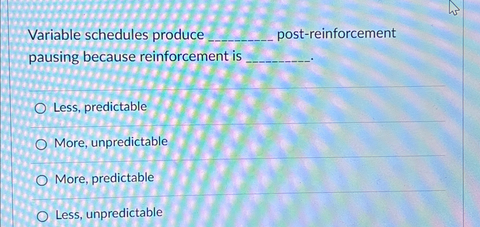 Solved Variable schedules produce post-reinforcement pausing | Chegg.com