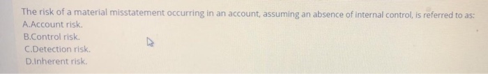 Solved The risk of a material misstatement occurring in an | Chegg.com