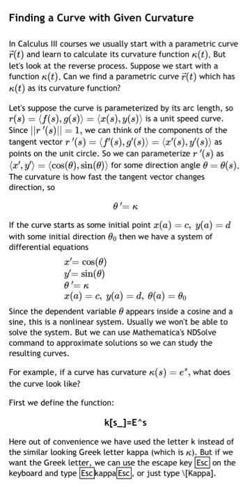 Solved Finding a Curve with Given Curvature In Calculus III | Chegg.com