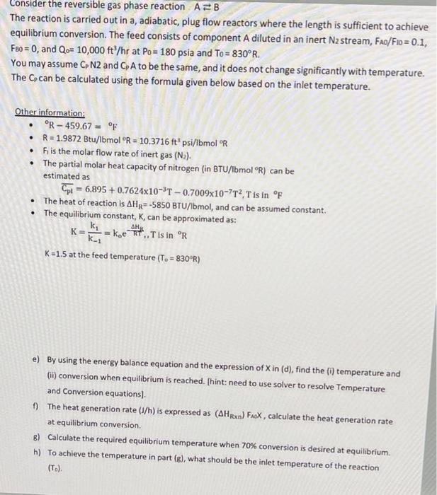 Solved Consider the reversible gas phase reaction AB The | Chegg.com