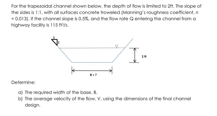 Solved For the trapezoidal channel shown below, the depth of | Chegg.com