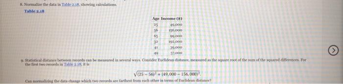 Solved 8. Normalize the data in Table 2.18, showing | Chegg.com