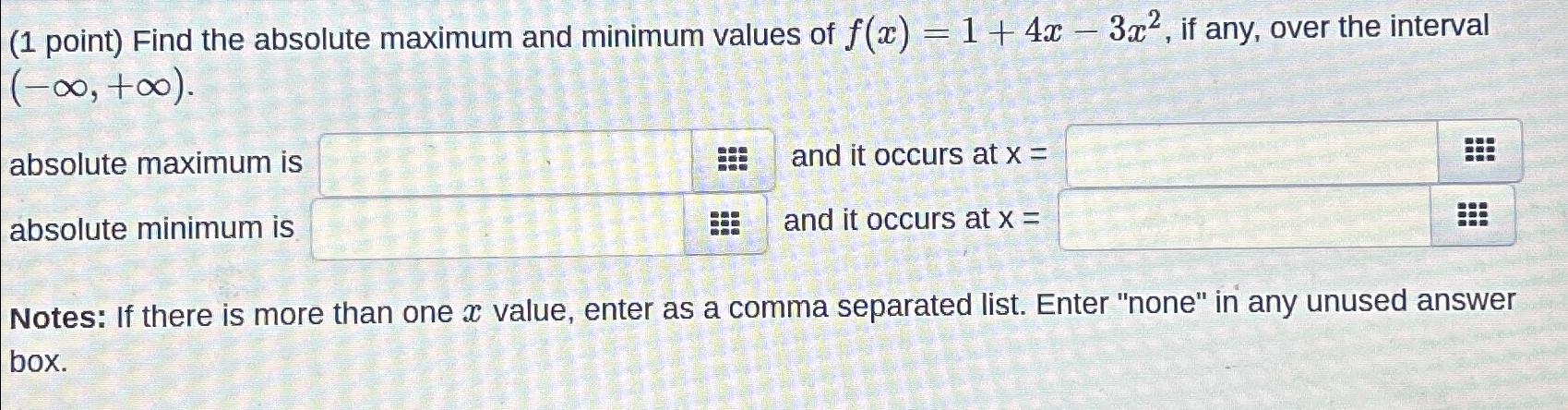 Solved (1 ﻿point) ﻿Find the absolute maximum and minimum | Chegg.com