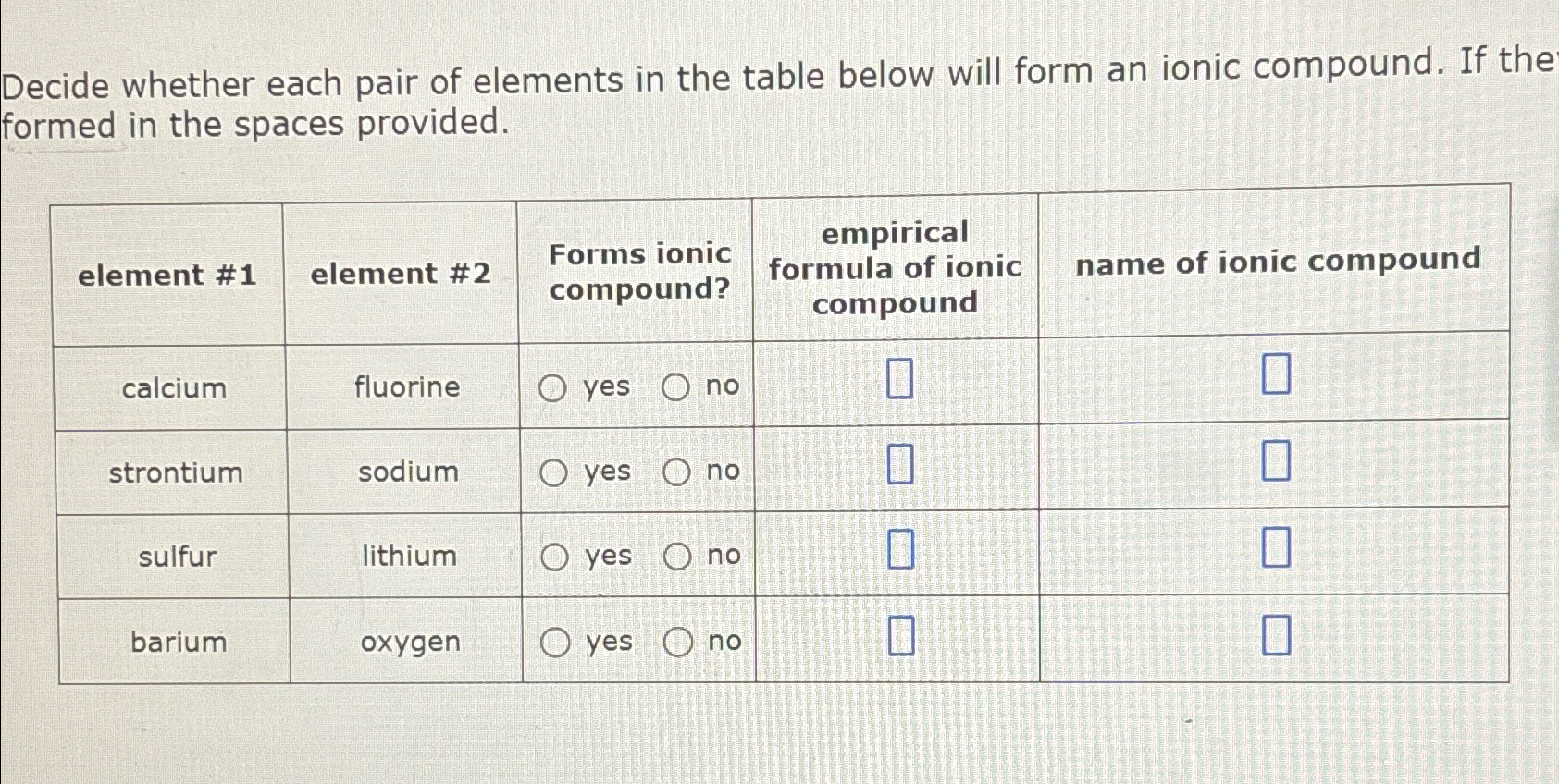 Solved Decide whether each pair of elements in the table | Chegg.com
